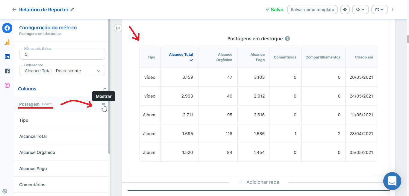 Como configurar uma métrica - Reportei